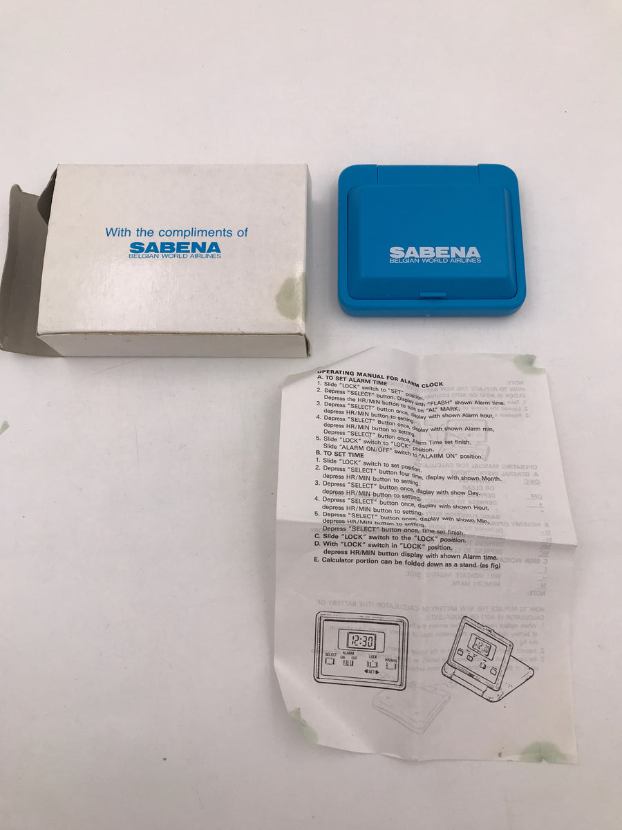 Sabena Airlines' alarm clock / calculator in its box – aviation.brussels